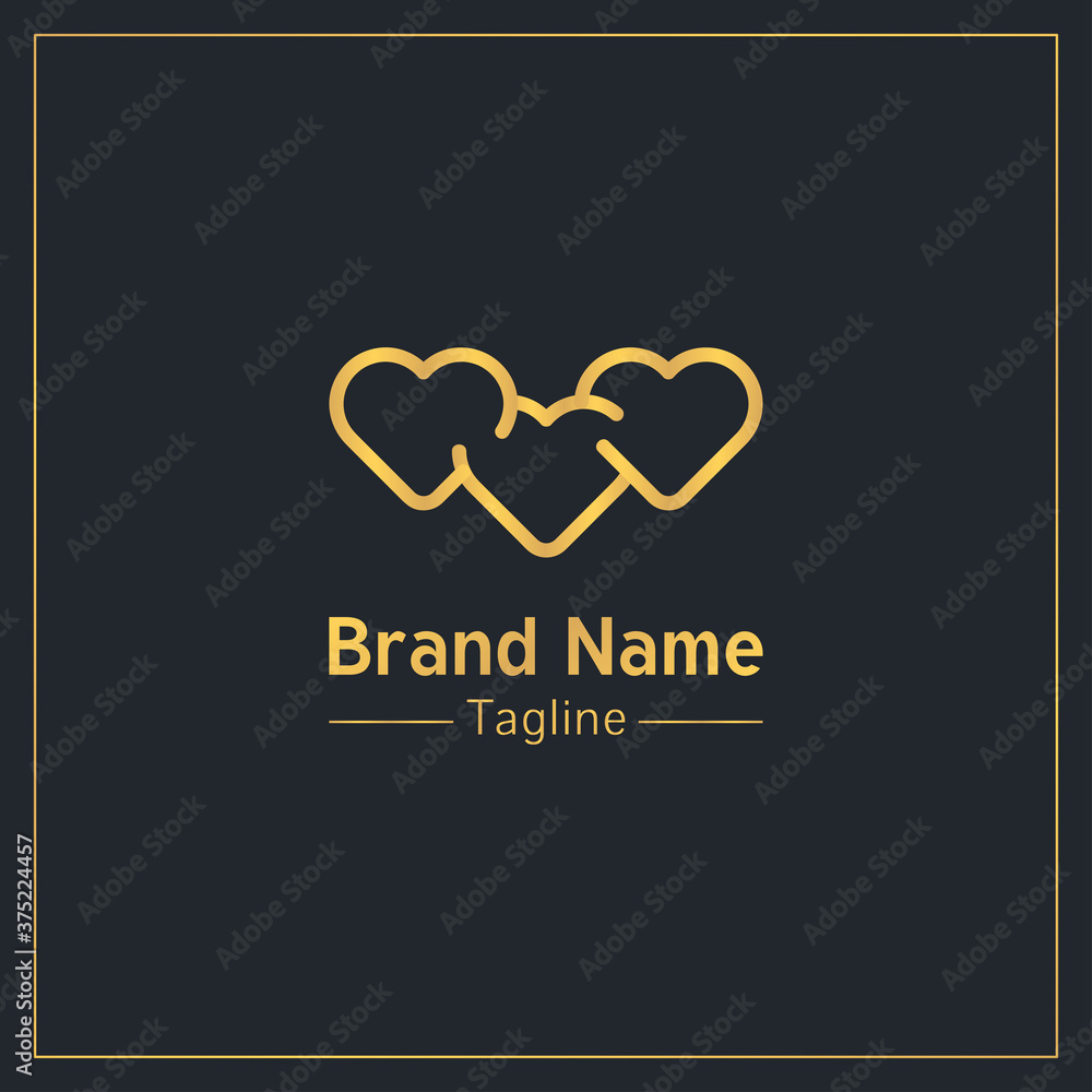 Three connected hearts symbols golden elegant logo design template ...