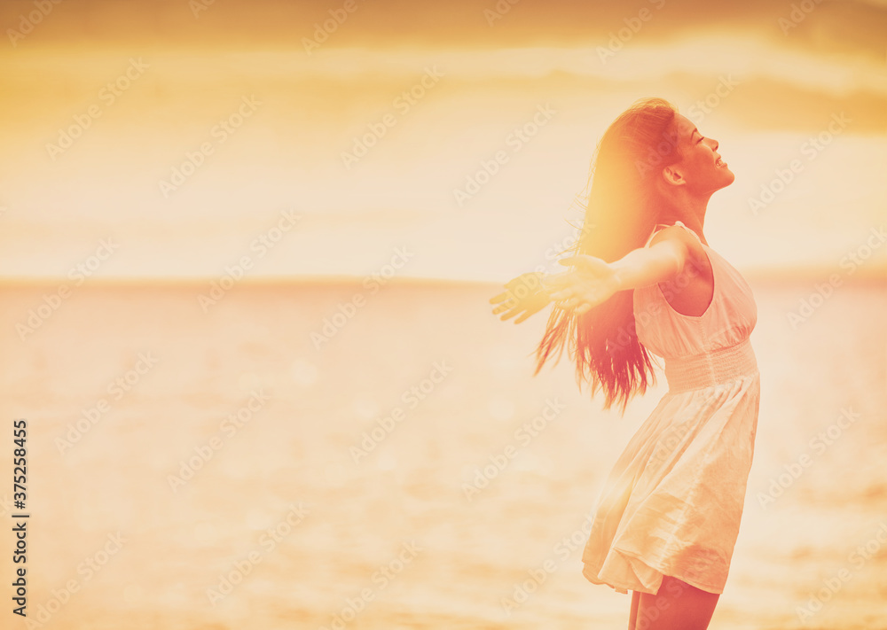 Wellness woman feeling free with open arms in freedom side profile ...