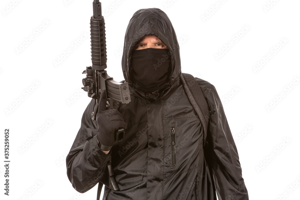 Angry protestor with a rifle and a mask, ready to start a riot. Stock ...