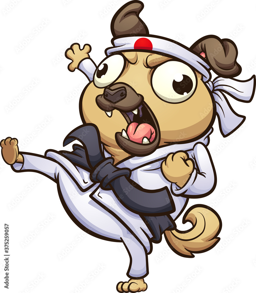 Cartoon fat pug dog throwing a karate kick. Vector clip art ...