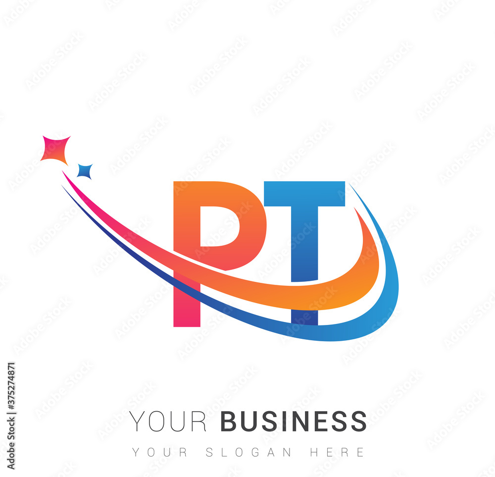 initial letter PT logotype company name colored orange, red and blue ...