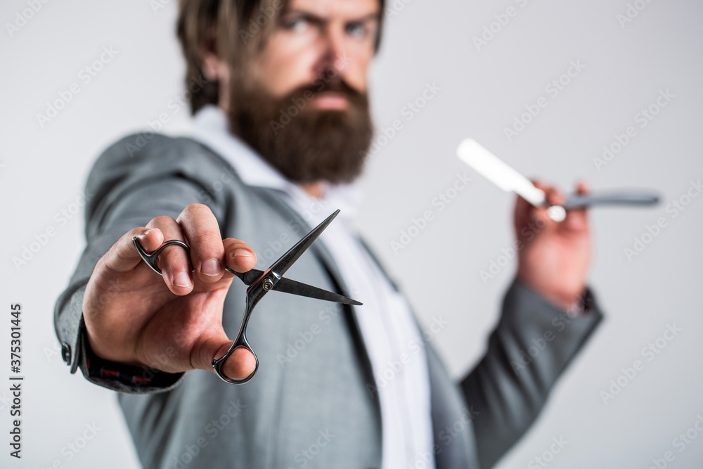 Barber scissors and straight razor, barber shop, suit. Vintage barber ...