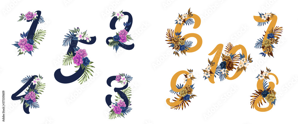 Flower ornate numbers. Elegant blossom number, floral sprigs date and ...