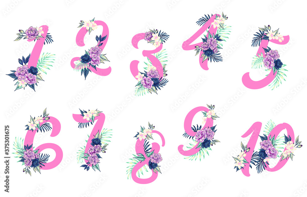Flower ornate numbers. Elegant blossom number, floral sprigs date and ...