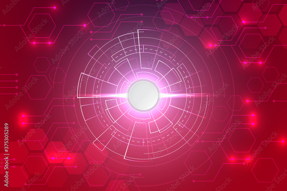 Red technology background with various technological elements. The ...