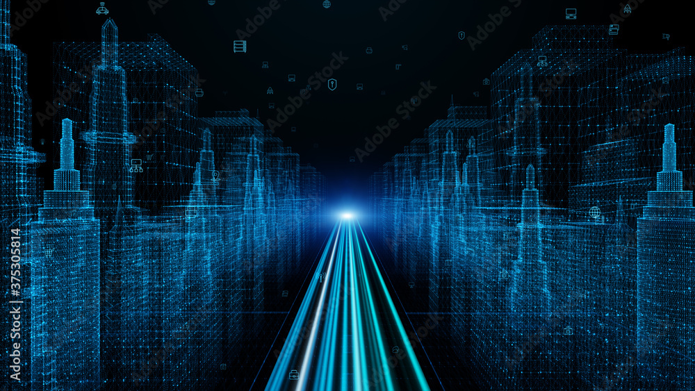 Digital City, Digital cyberspace with particles and Digital data network connections, 5g high ...