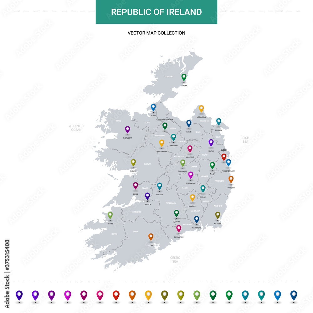 Republic of Ireland map with location pointer marks. Infographic vector ...