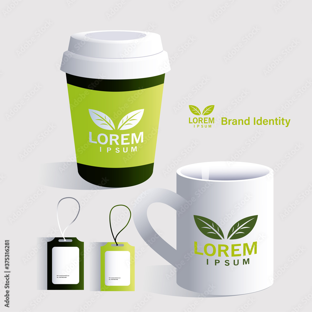 cups and hang tag for elements of brand identity in companies Stock ...