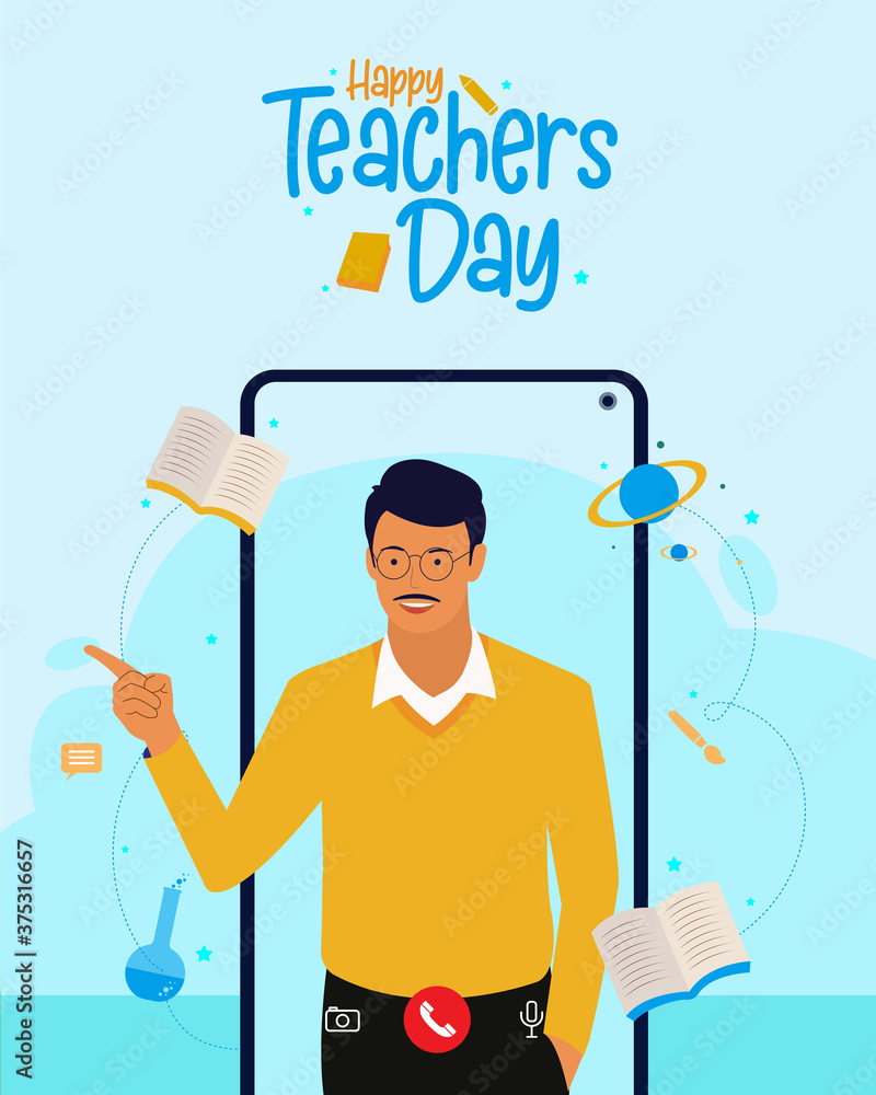 Happy Teacher's day text, Indian Male teacher teaching online with ...