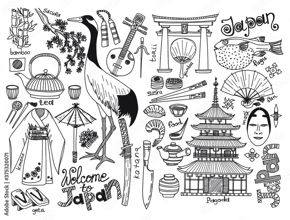 Big set of Japanese related hand drawn icons including sakura, pagoda ...