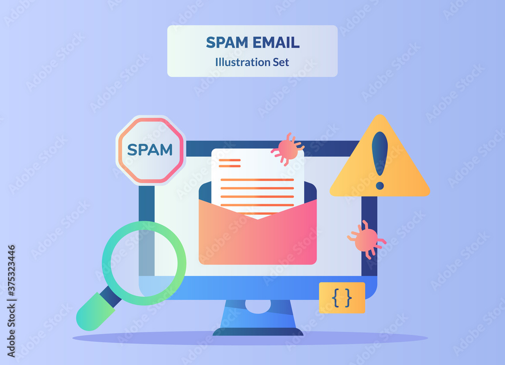 Spam email illustration set warning sign magnifying bug email on ...