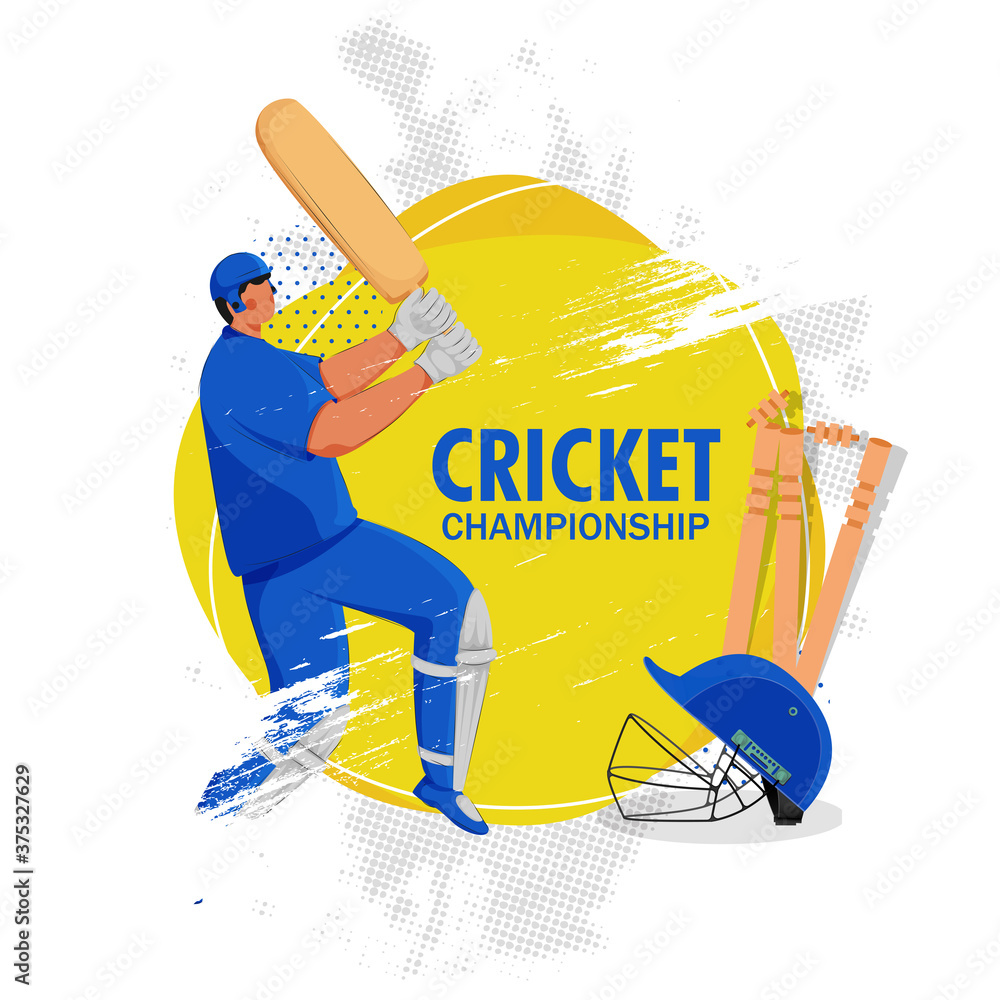 Cartoon Batsman Character in Playing Pose with Brush Stroke Effect and ...