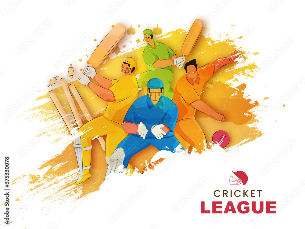 Cartoon Cricket Players in Different Action with Equipment and Yellow ...
