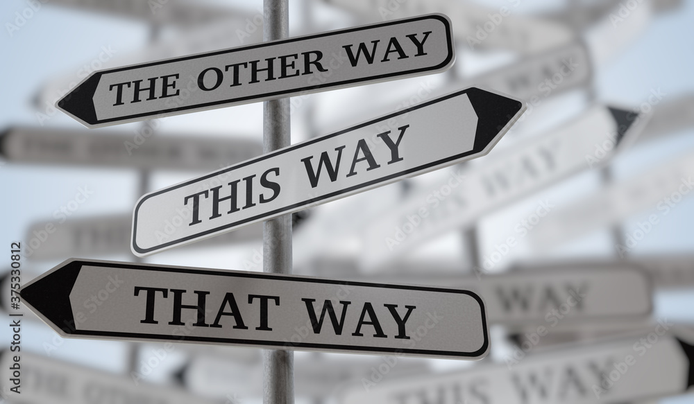 Many confusing road sign arrows pointing in different directions. 3D ...