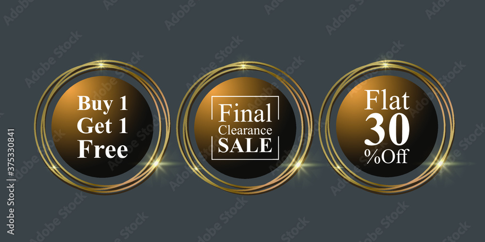 Vector illustration set of offer labels with round shiny golden frame ...