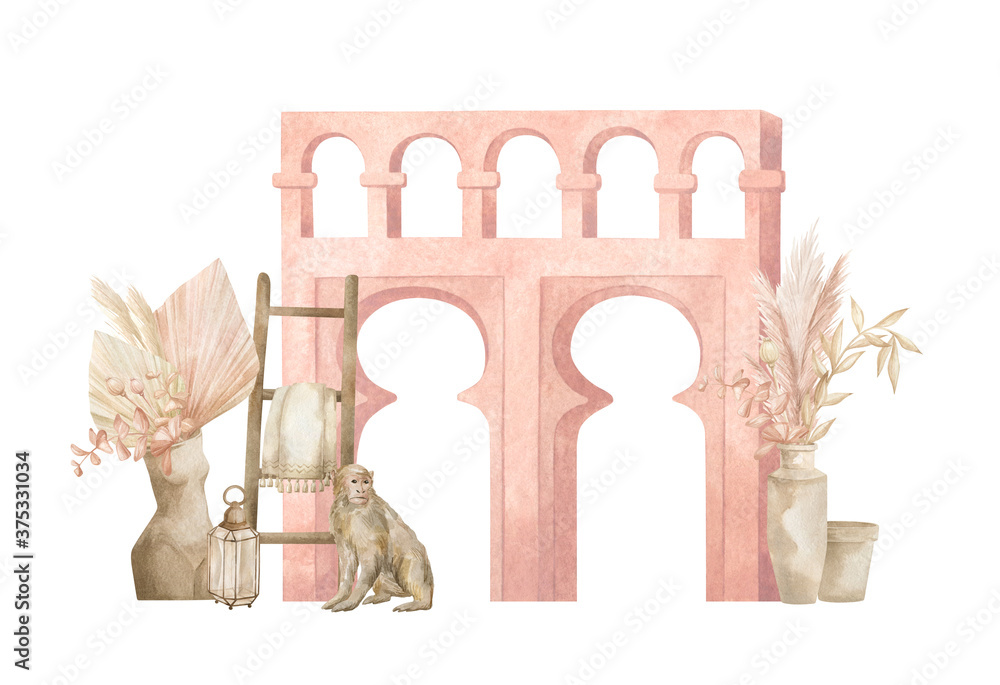 Watercolor set with pink arch, pots, monkey. Moroccan composition with ...