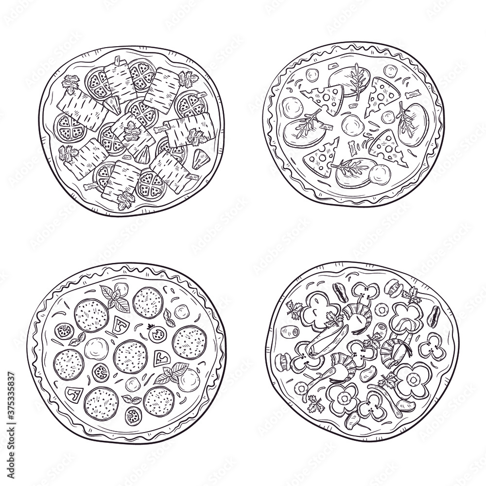 Vector illustration with hand drawn pizza. Set of four different types ...