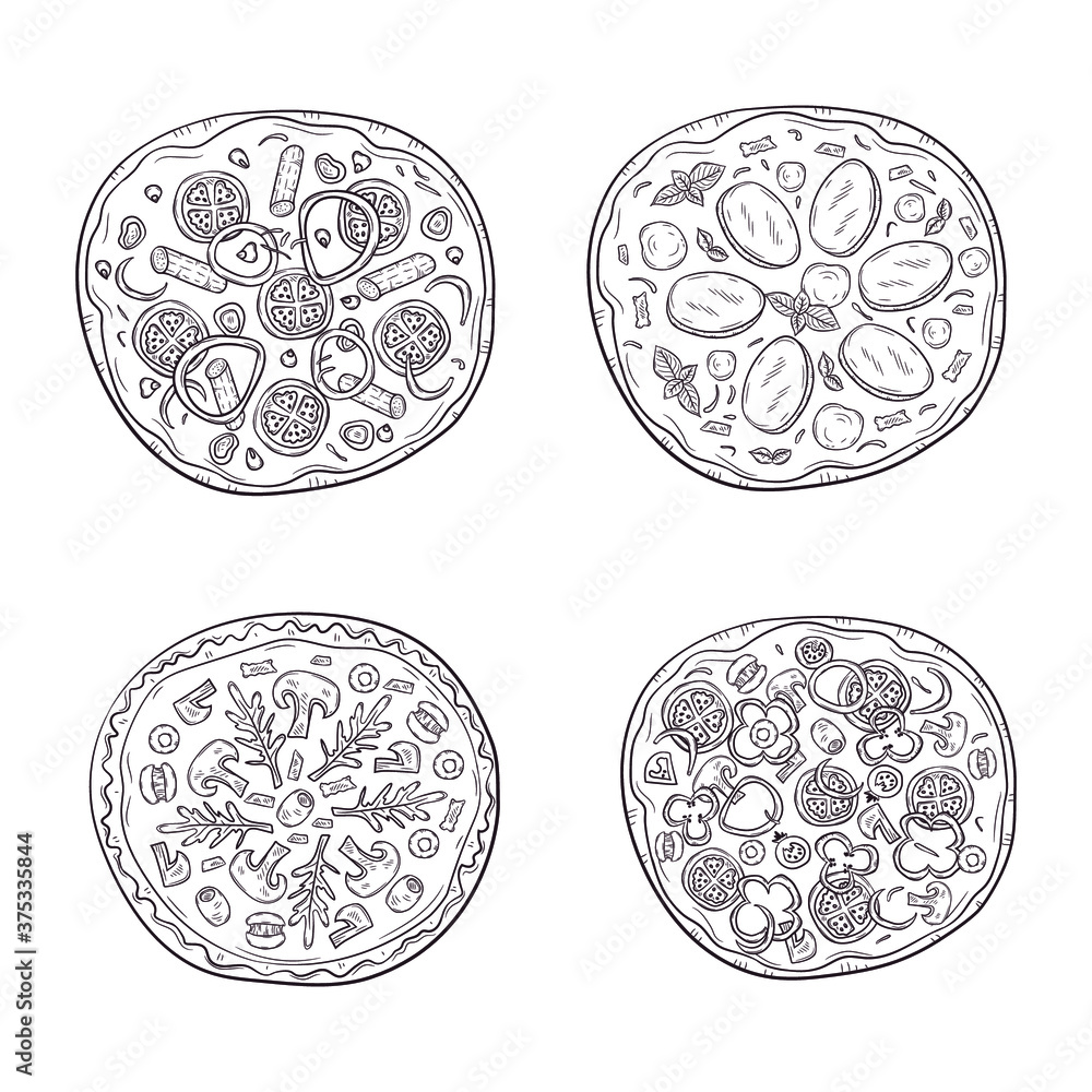 Vector illustration with hand drawn pizza. Set of four different types ...