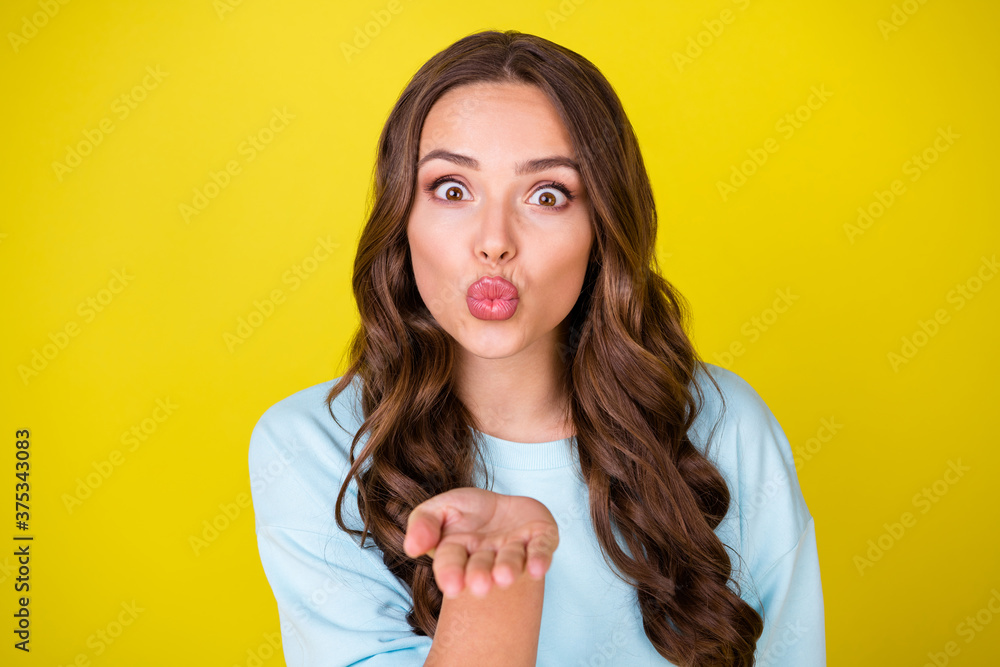 Photo of adorable lovely coquette student girl pouted lips send air ...