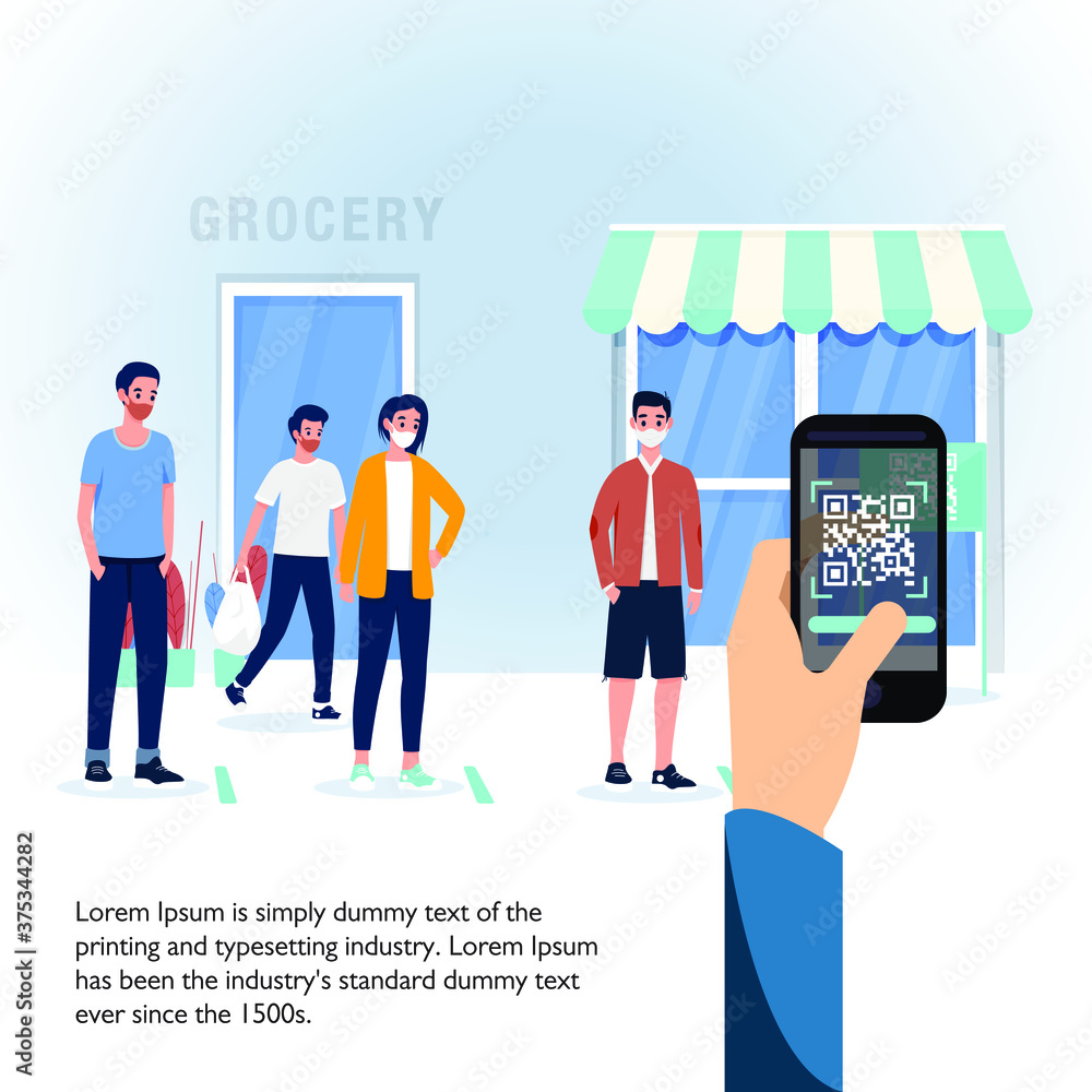 Vector Illustration of Social Distancing Queue in front of grocery and ...