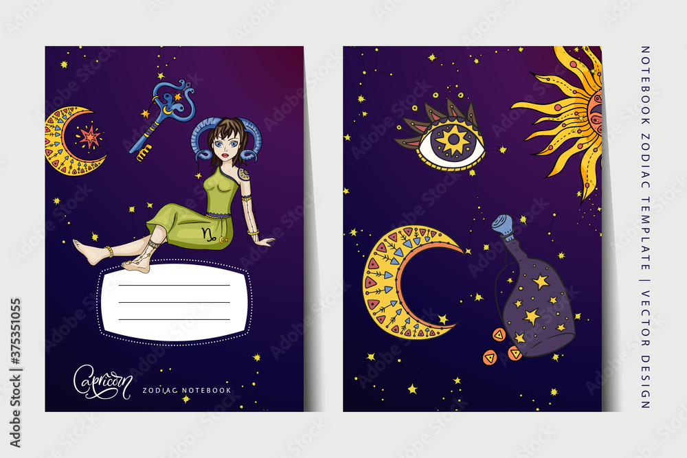 Zodiac Capricorn girl notebook vector template. Book layout for a3, a4 ...