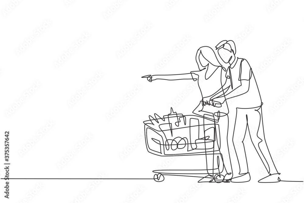 Single continuous line drawing happy young couple pushing trolley when ...