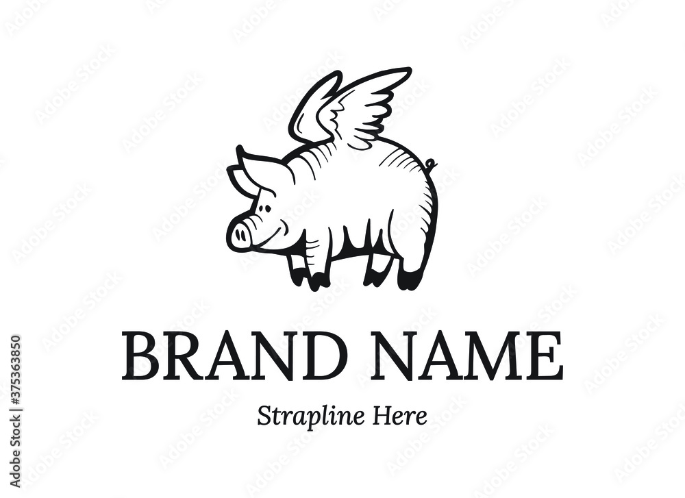 Flying pig with wings. Vector logo design in black and white with text ...