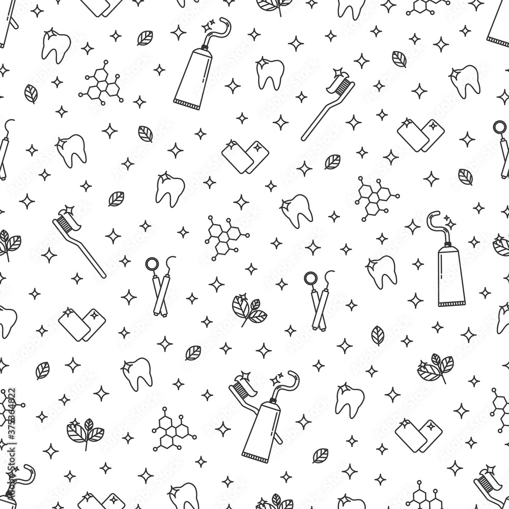 Dental care seamless pattern with teeth, toothbrush, toothpaste ...