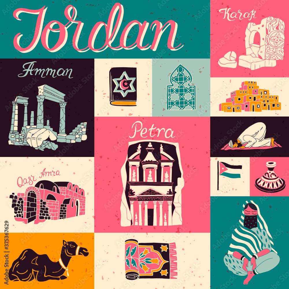 Culture and national color of Jordan. Collection of illustrated symbols ...