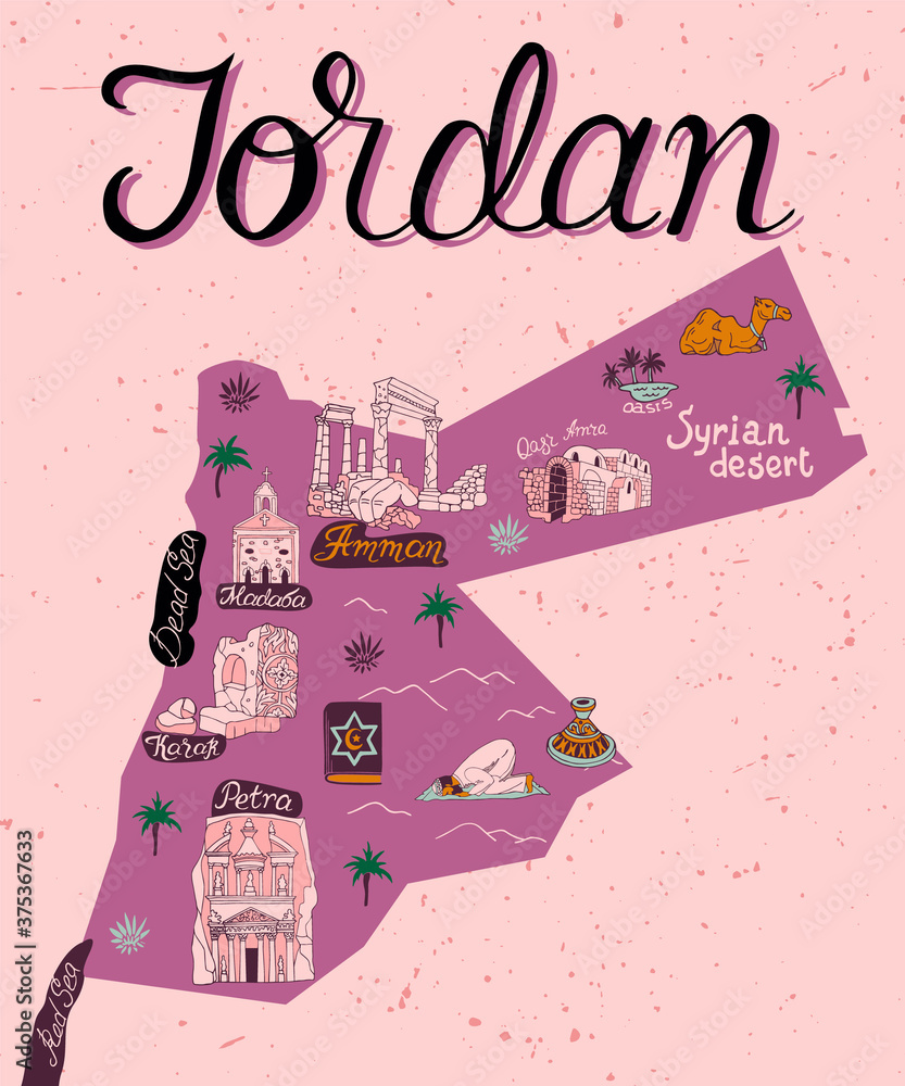 Illustrated map of attractions of Jordan. Culture and national color of ...