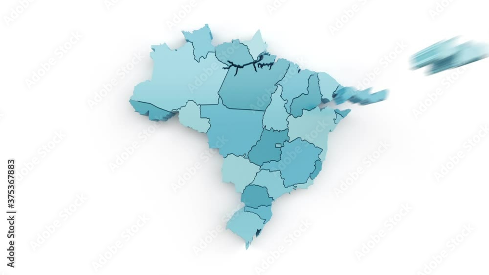 Map of Brazil in blue-green colors, top view. Formed by separate areas ...