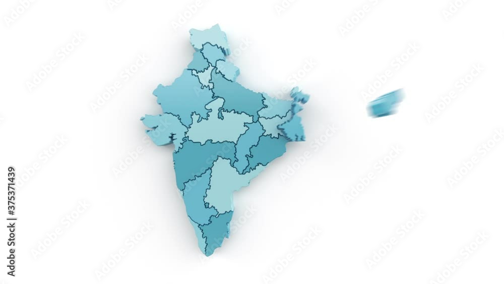 Map of India in blue-green colors, top view. Formed by separate areas ...
