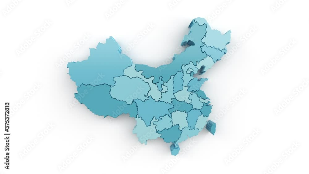 Map of China in blue-green colors, top view. Formed by separate areas ...