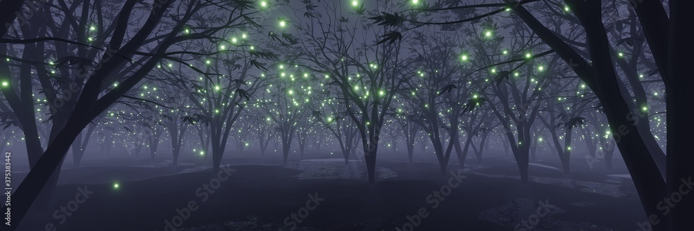 abstract Glowing particle Sparkles on alien planet landscape forest 3d ...