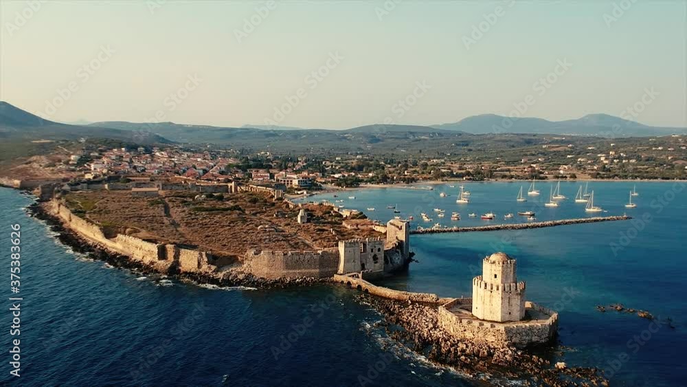 Aerial view over Methoni Castle and the fortified city. Its one of the ...