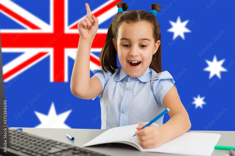 Learning European language. Smart child girl on the flag of Australia ...
