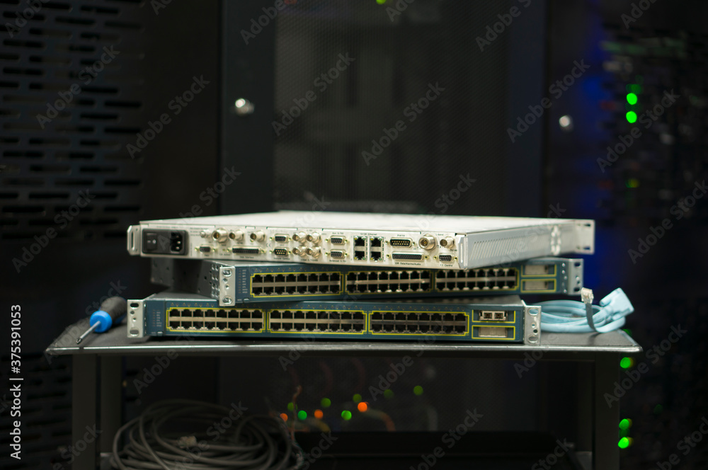Telecommunication equipment on the assembly table in the operator's ...