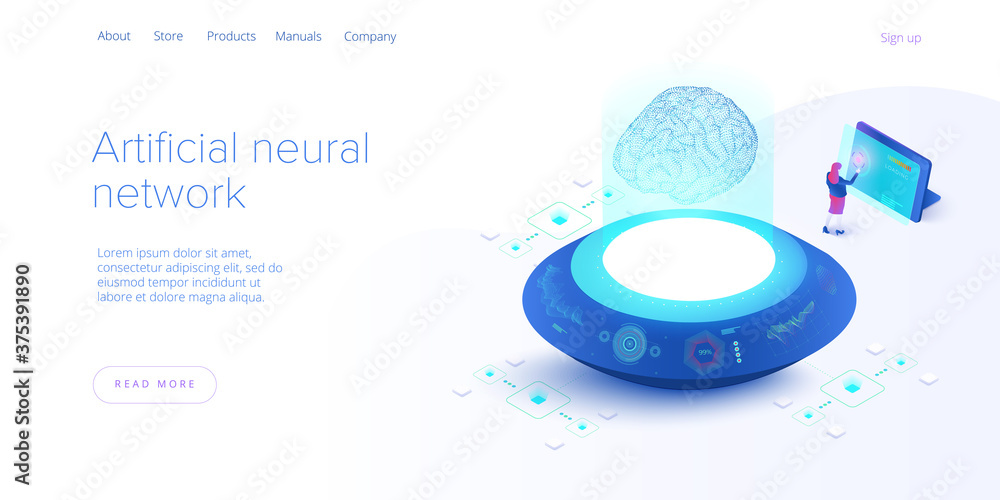 Artificial intelligence or neural network concept in isometric vector illustration. Neuronet or ...
