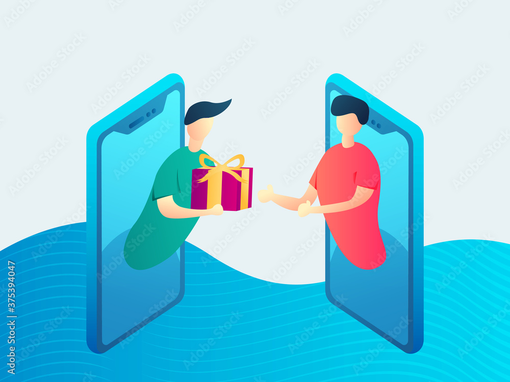 Isometric mobile phone with flat character illustration on giving gift ...