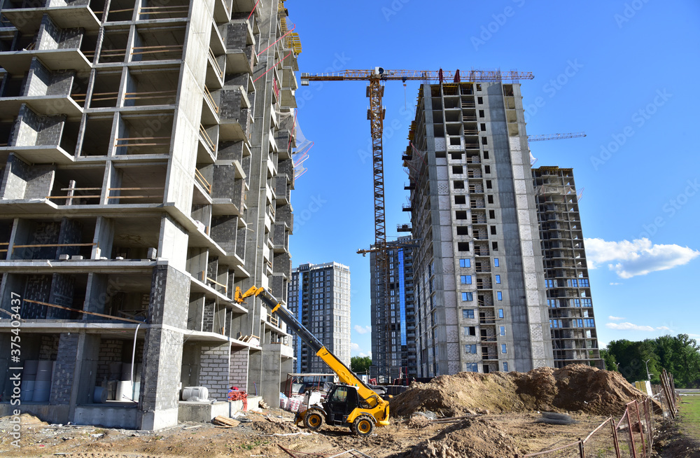 Telescopic handler work at the construction site. Construction ...