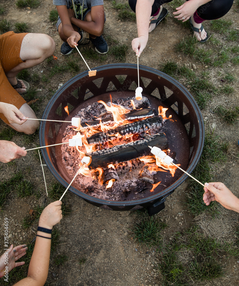 Marshmallows Roasting Over an Open Bonfire Pit from Above, Bird's Eye ...