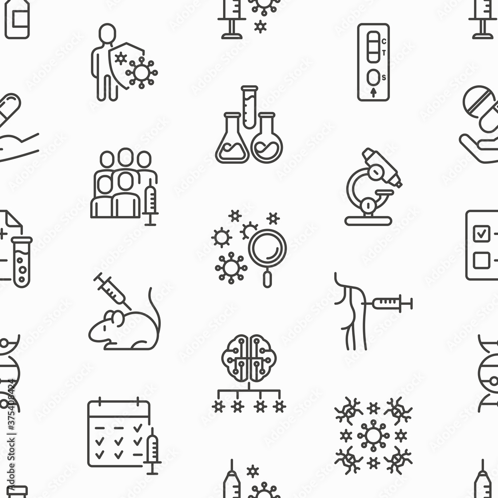 Vaccine seamless pattern with thin line icons: syringe and ampoule ...
