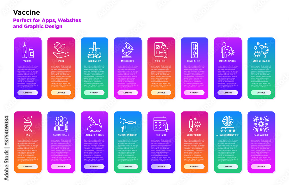 Vaccine mobile user interface with thin line icons: syringe and ampoule ...