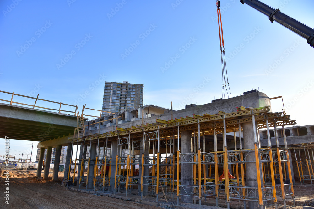 Roundabout and traffic bridge construction. Construction highway ramps ...