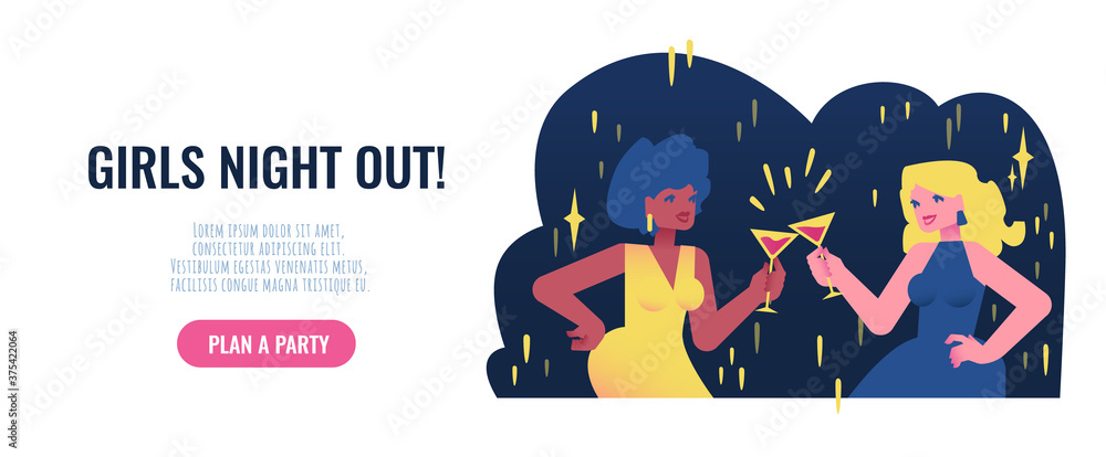Girls Night Out! web page template. Cute flat cartoon illustration. Two ...