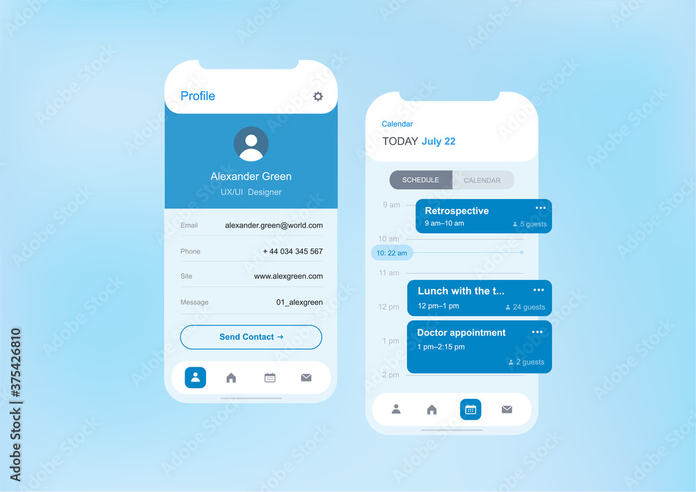 Mobile application template of baisic screens with schedule and profile ...