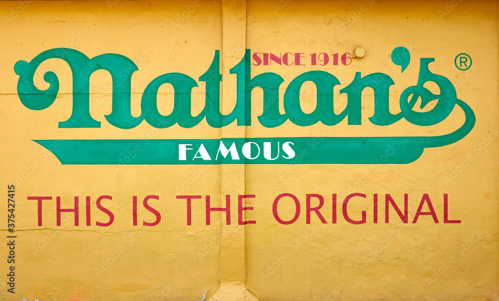 New York, USA - July 02, 2018: The Nathan's Famous sign painted on wall ...