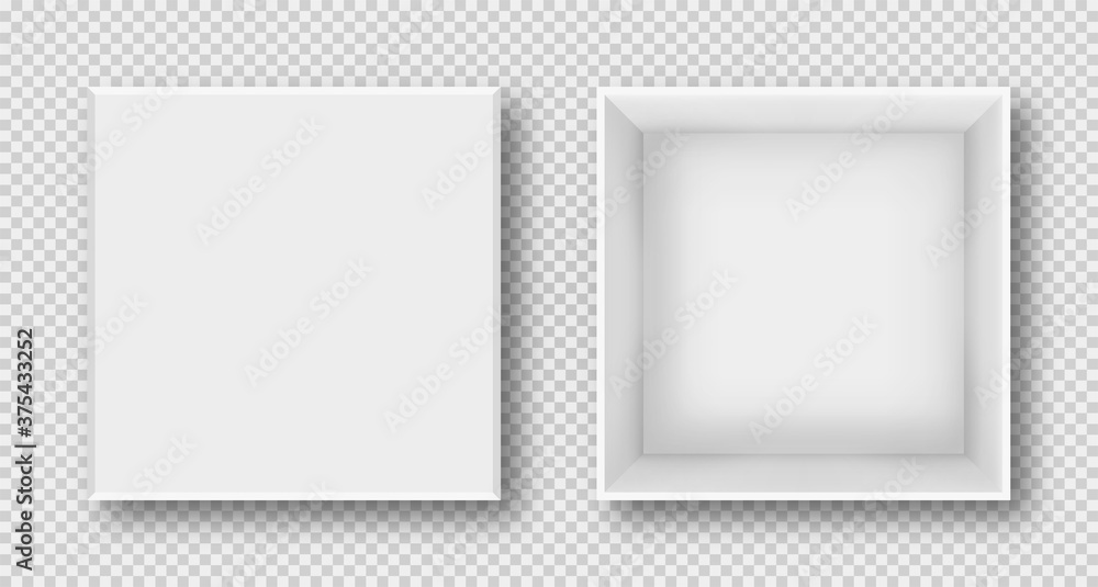 Realistic white box in top view. Box mockup with closed and opened ...