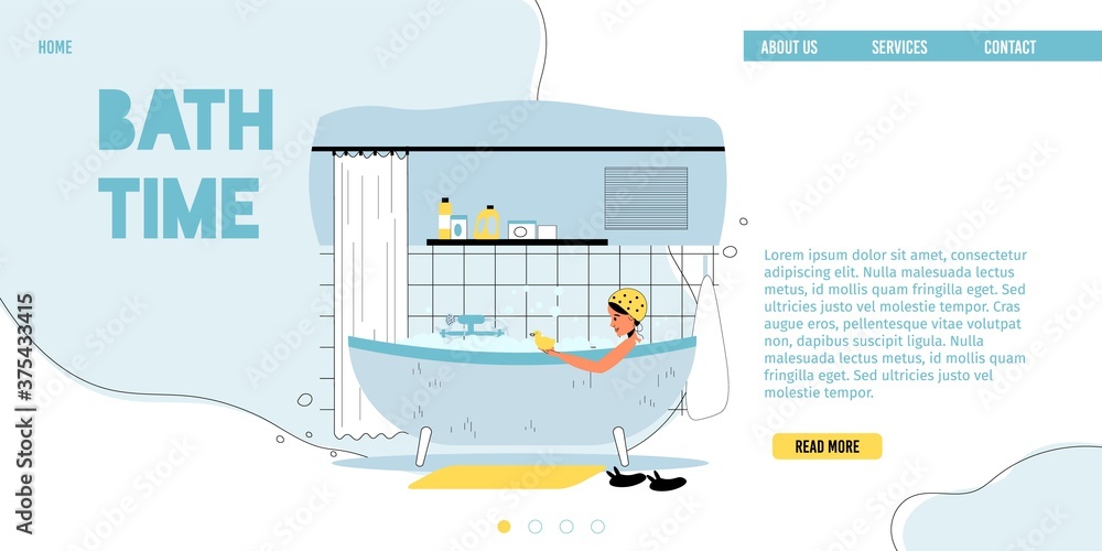 Bath time. Everyday hygiene routine. Girl child lying in bathtub filled ...