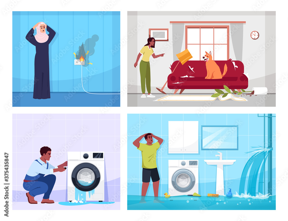 Household incidents semi flat vector illustration set. Man fixes broken ...